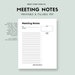 Meeting Notes Template, Printable Meeting Notes Worksheet, Meeting ...