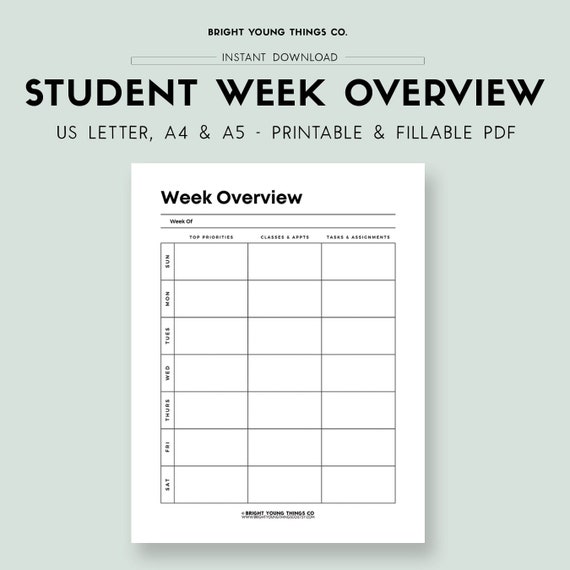 Printable Week Planner for Students Week at a Glance Planner - Etsy