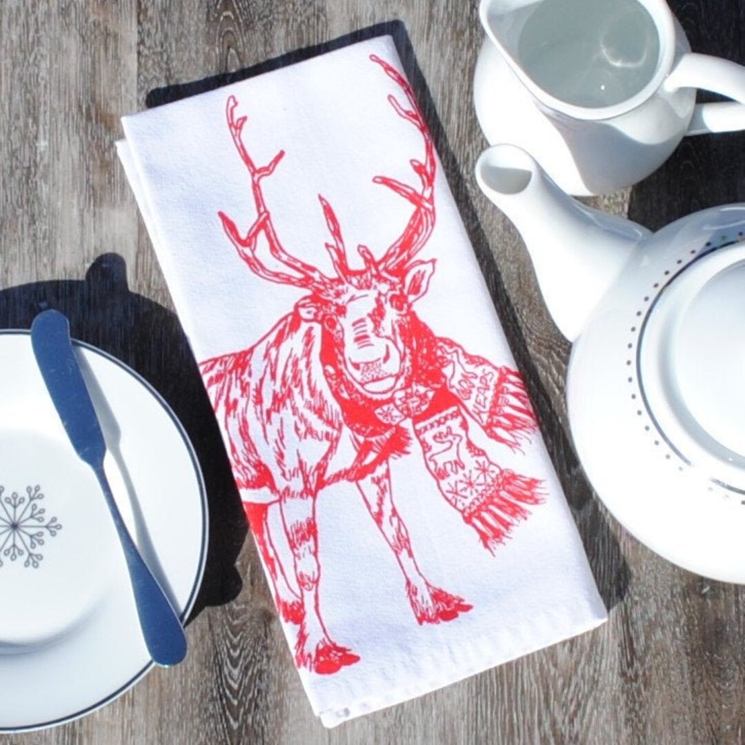 Christmas Cotton Napkins - Screen Printed Reindeer Cloth Napkins Set of ...