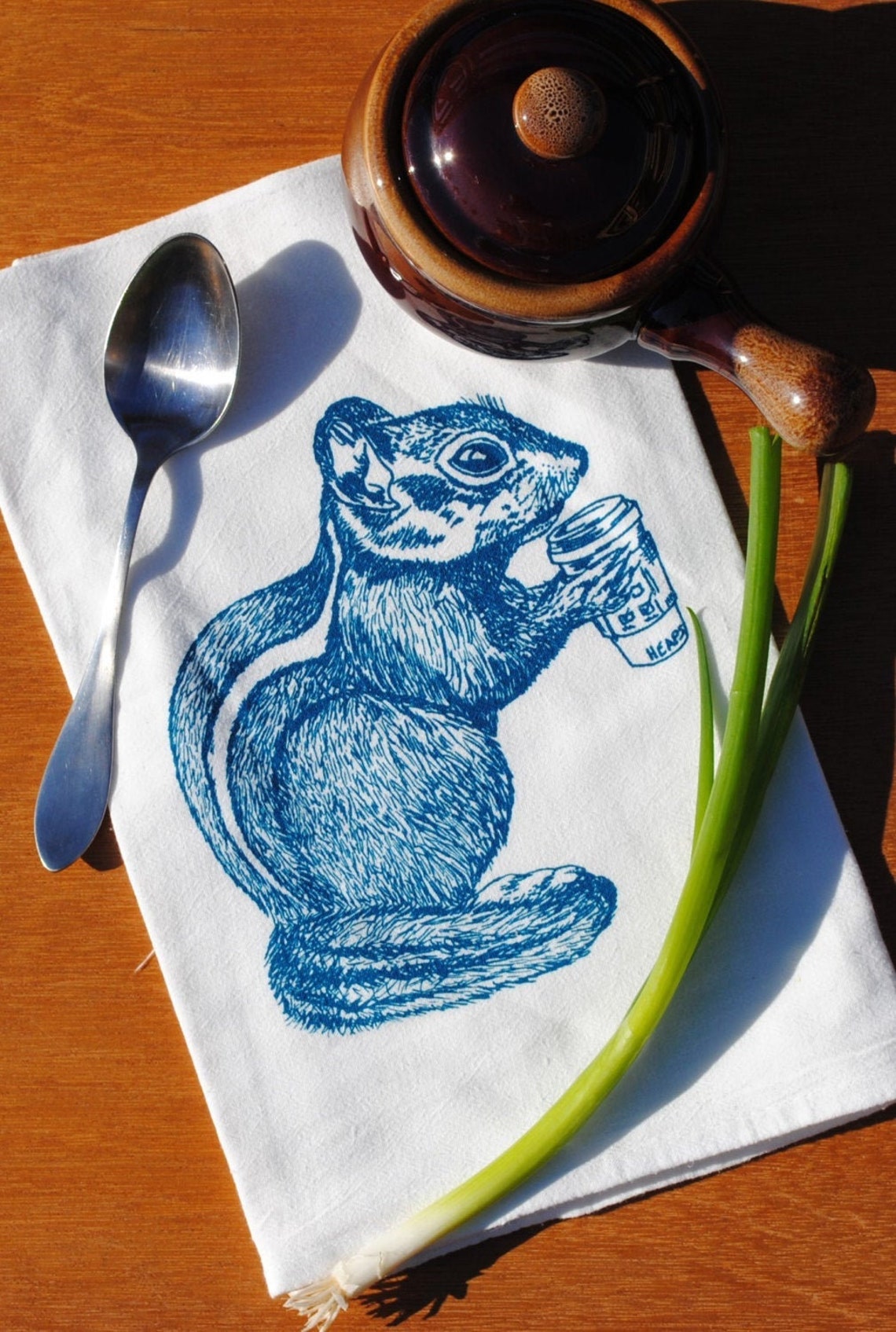 Tea Towel Teal Chipmunk Drinking Coffee Flour Sack Cotton - Etsy
