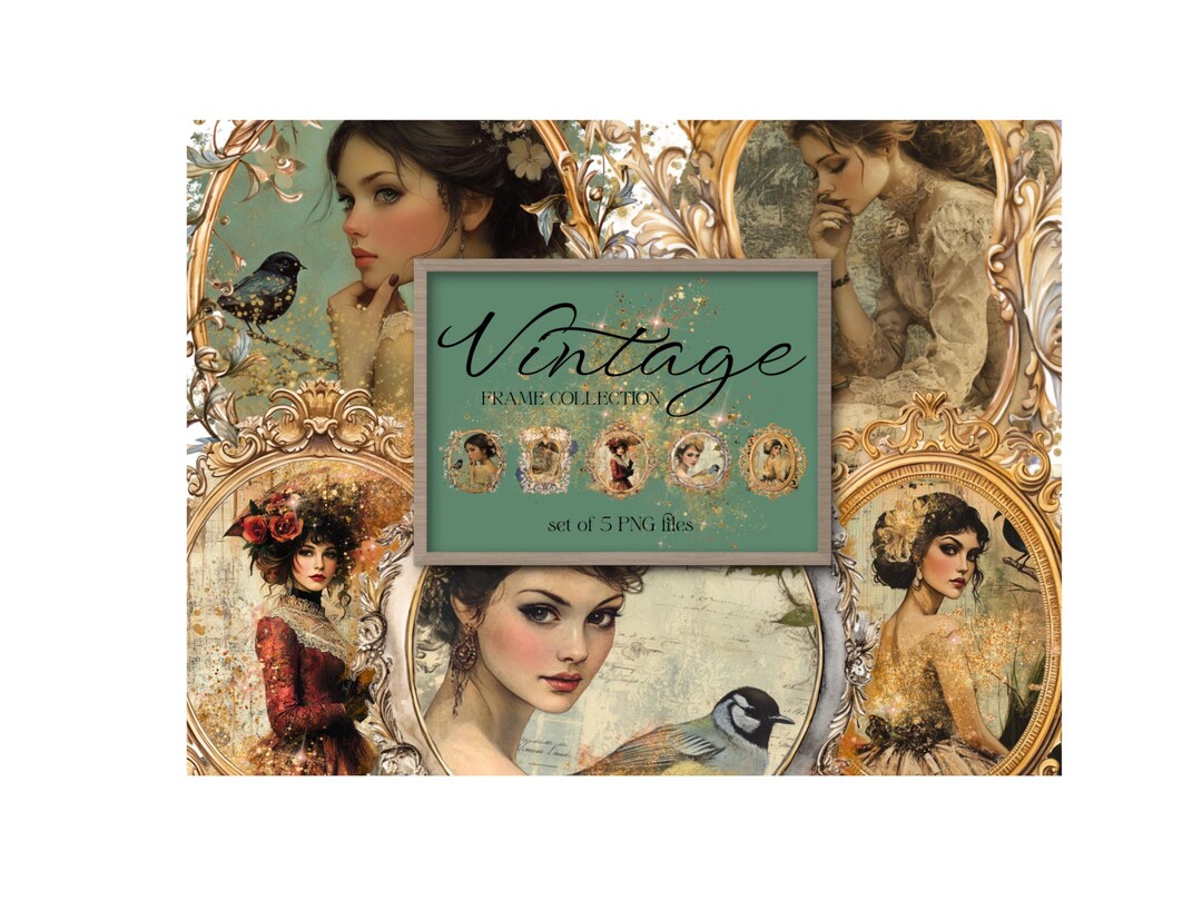 Vintage Glamour PNG Bundle Printables – 5 Elegant Young Women in Gold ...