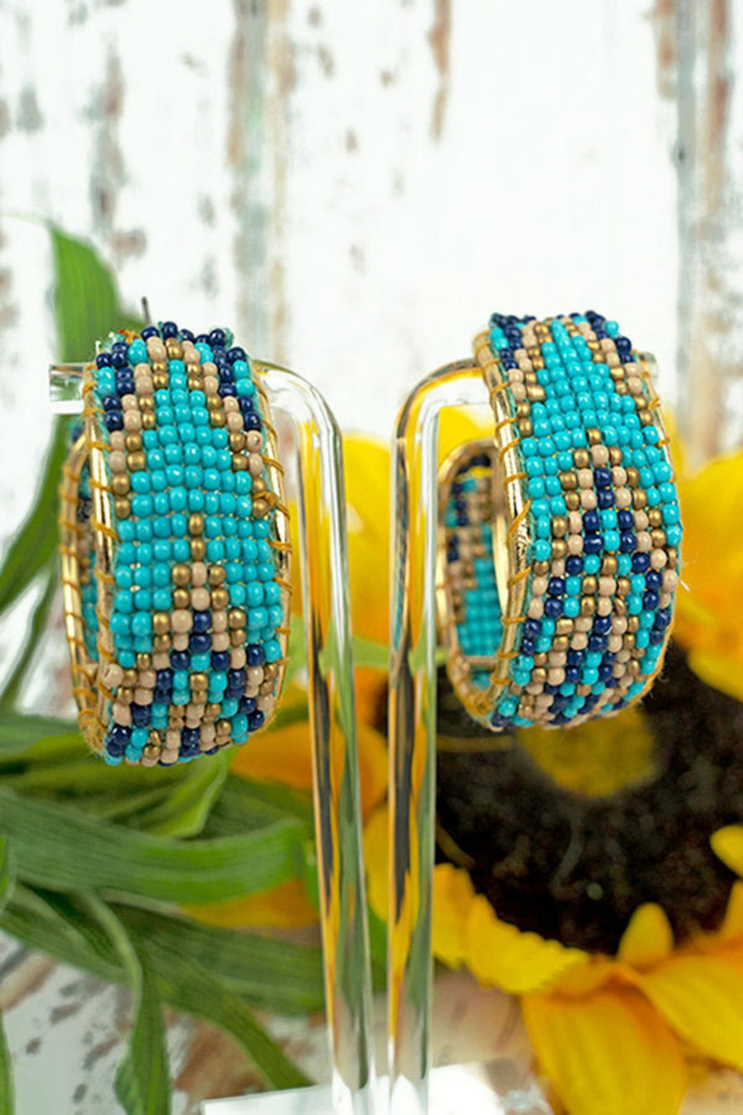 Beautiful Hand-crafted Native American Wide Turquoise Beaded Hoops ...