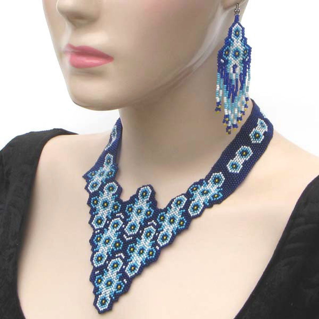 Beautiful Handcrafted Seed Bead Blue/white Bib Necklace and - Etsy