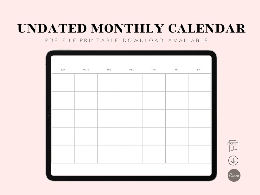REUSABLE MONTHLY CALENDAR Sunday Start: Compatible With Notability ...