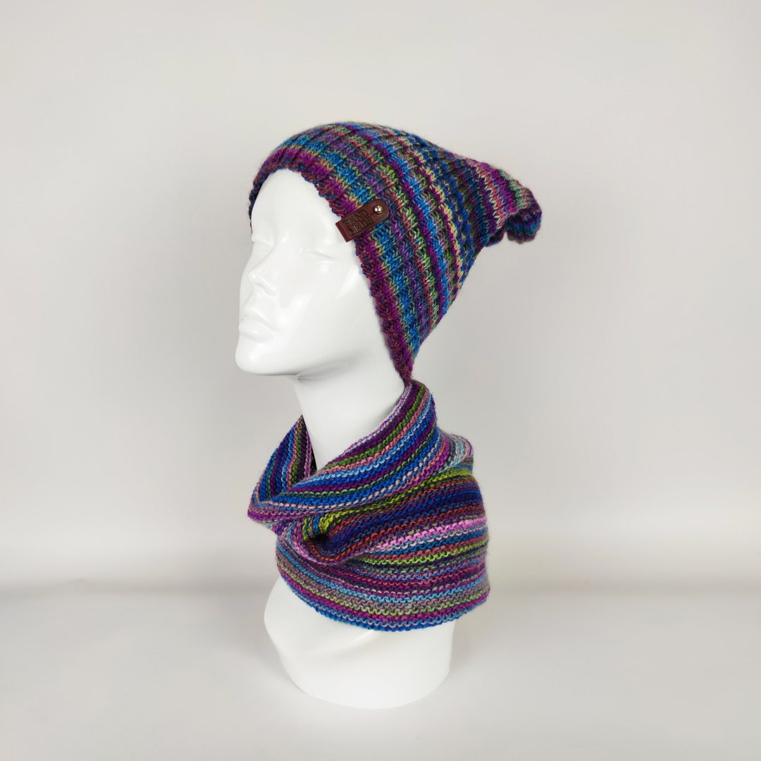 Hand Knit Merino Wool Hat and Snood Set: Colorful Fall Beanie - Etsy