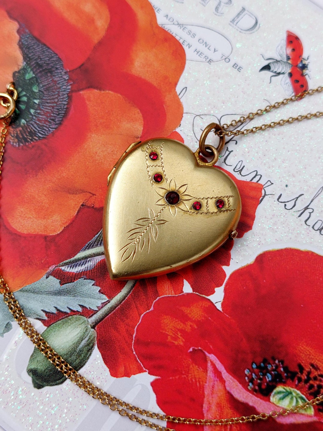 Edwardian Heart Gold Locket With Red Rhinestones - Etsy