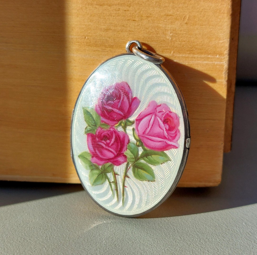 Guilloche Enamel Silver Locket With Hand-painted Roses - Etsy