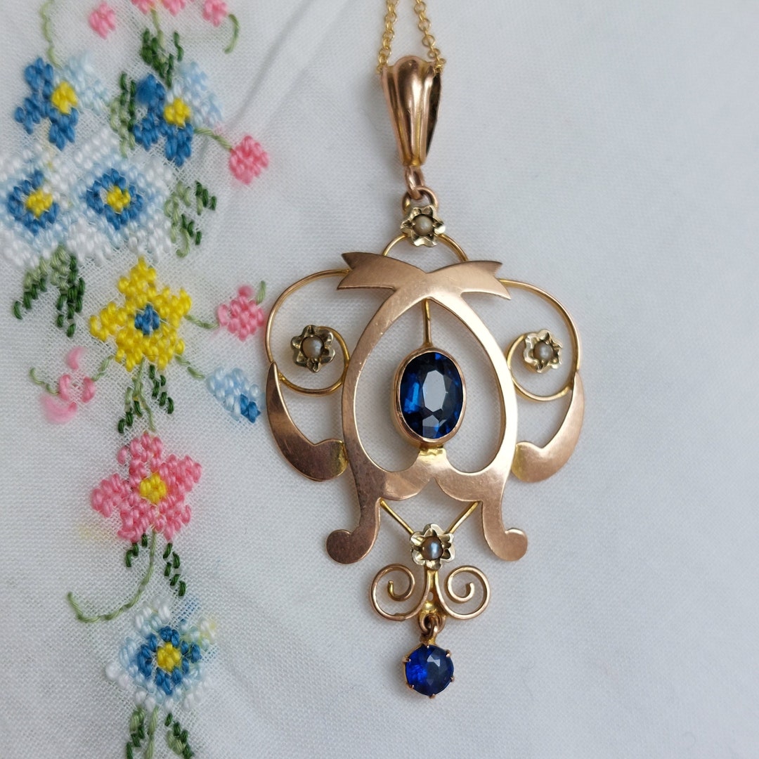 9ct Gold Victorian Lavalier Pendant With Seed Pearls and Sapphire Paste ...