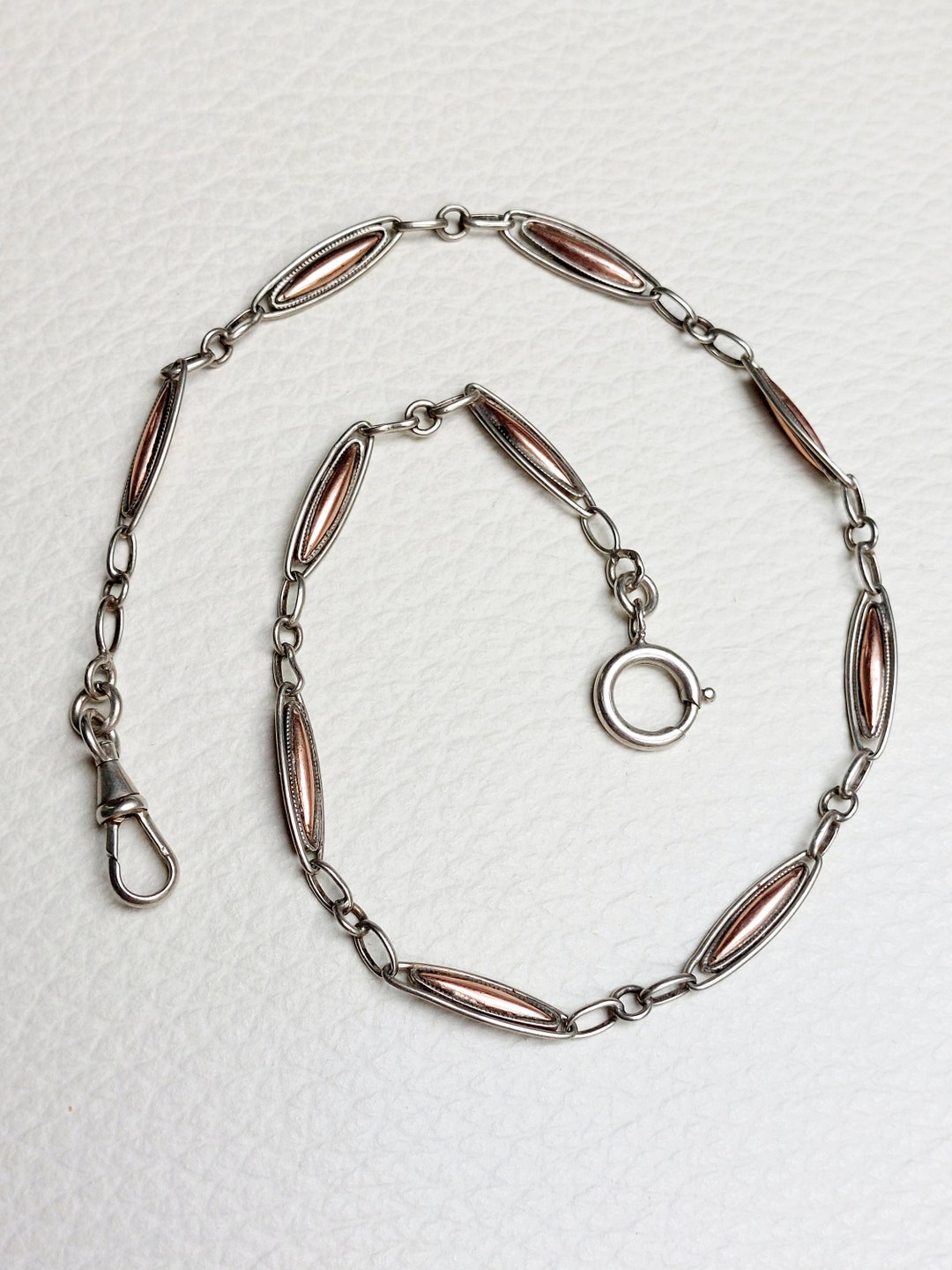 Antique French Watch Chain With Lozenge Links in Silver and Rose Gold ...