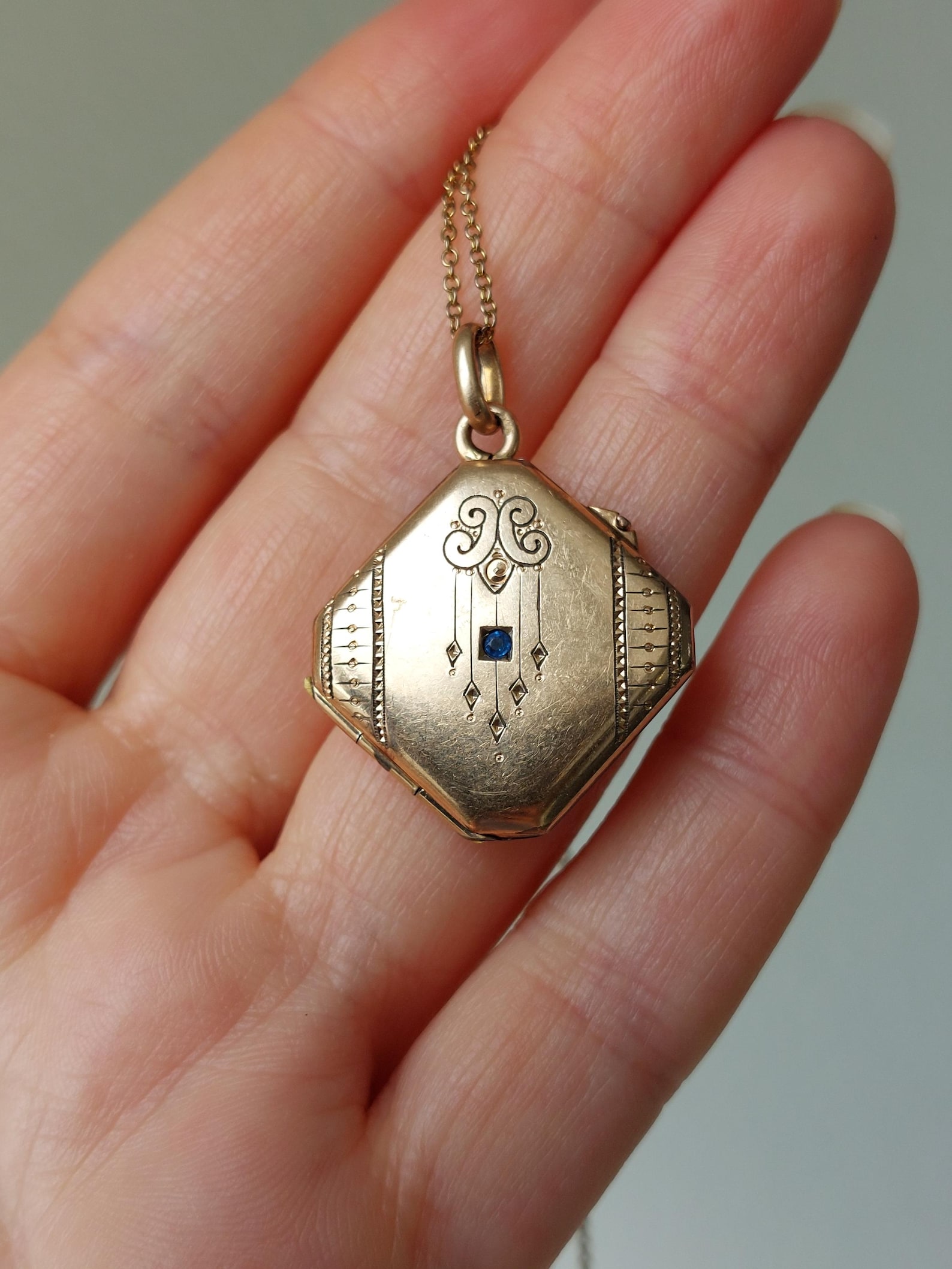 Art Nouveau Diamond Shaped Gold Locket With Blue Rhinestone and Fine ...