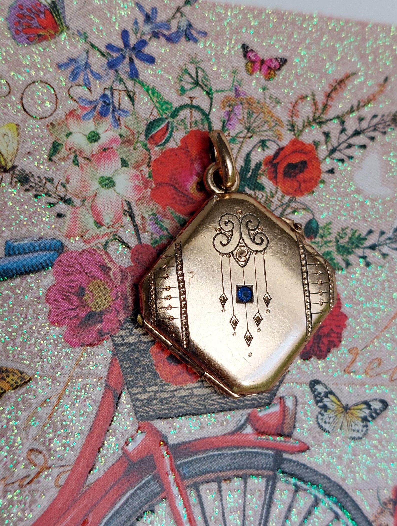 Art Nouveau Diamond Shaped Gold Locket With Blue Rhinestone and Fine ...