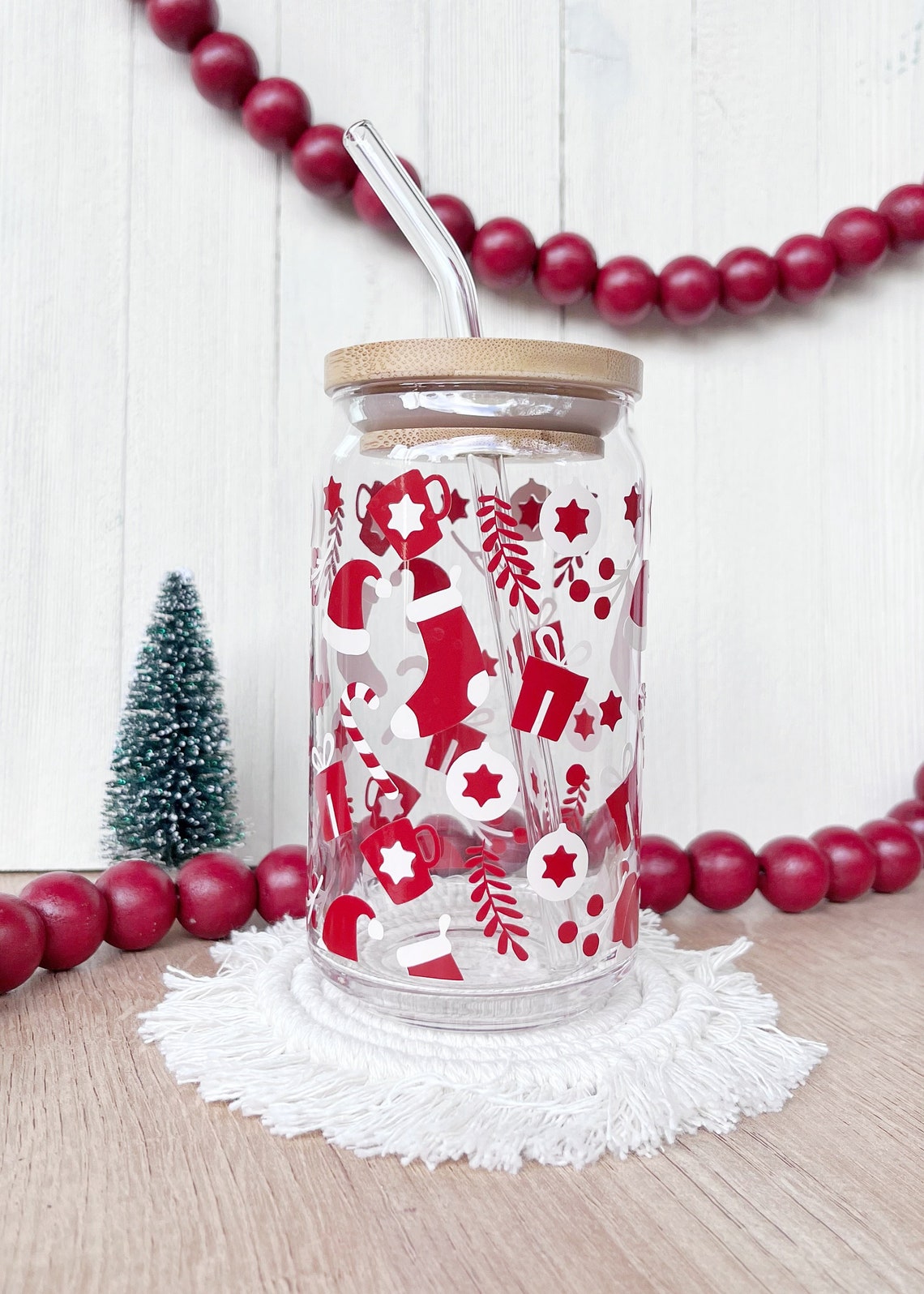 Christmas Themed Glass Cup Christmas Present Cup Christmas - Etsy