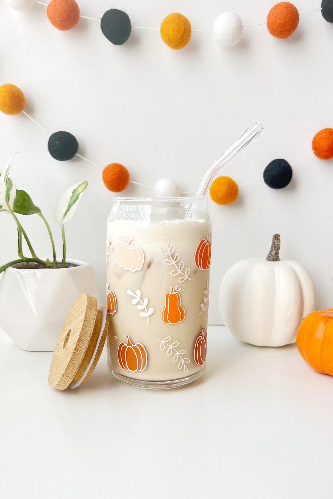 Fall Pumpkin Glass Cup, Neutral Pumpkin Cup, Fall Iced Coffee Cup ...