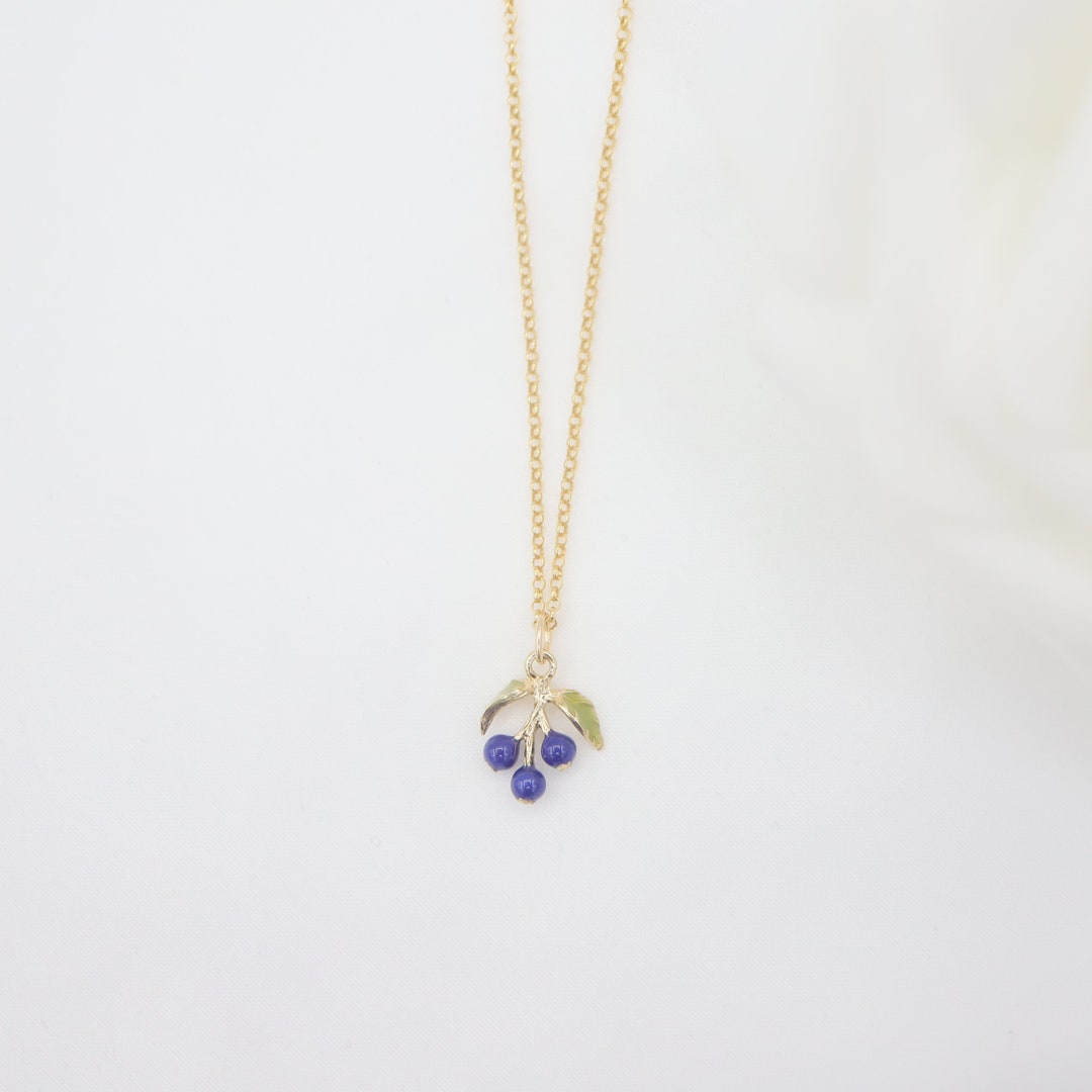 Dainty Enamel Blueberry Pendant Necklace, Berry Cluster, Elegant ...