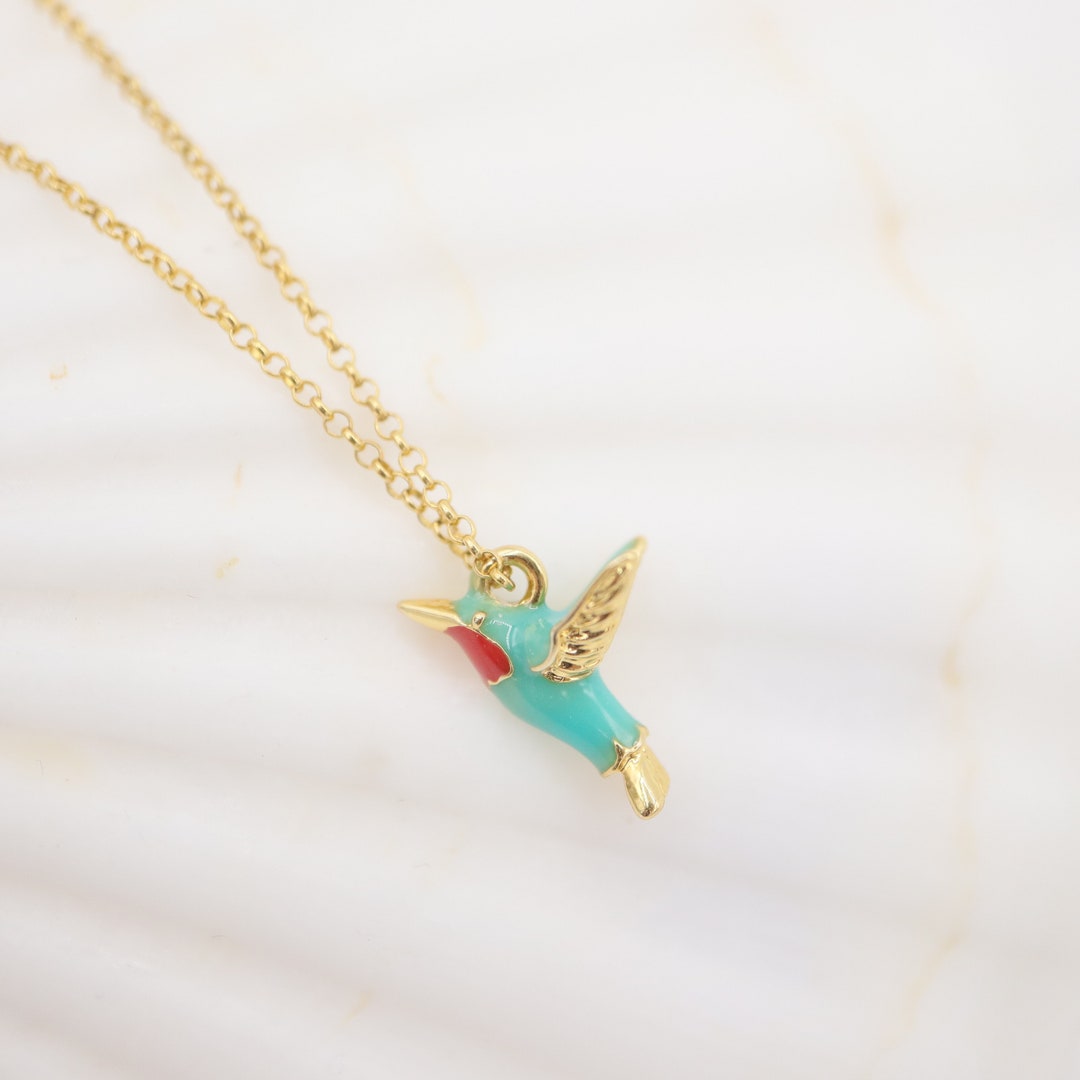Dainty Enamel Hummingbird Pendant Necklace, 14K Gold Filled, Stylish ...