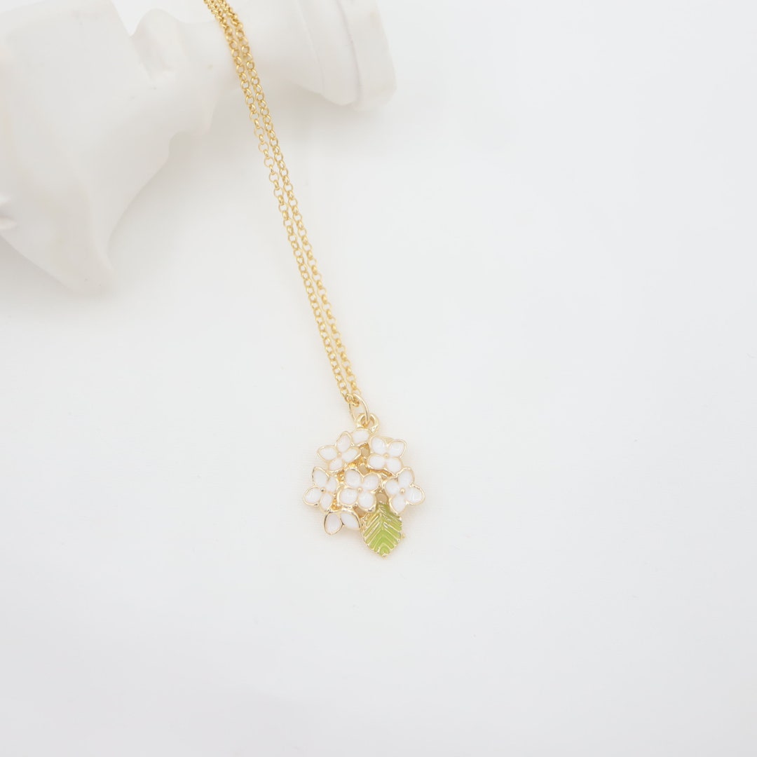 Dainty Enamel White Blooming Hydrangea Pendant Necklace, 14K Gold ...