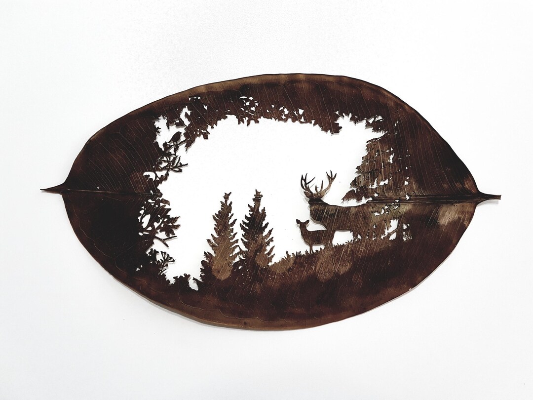 Mother and Fawn Deer Natural Leaf Carving Handmade Painting Handcraft ...