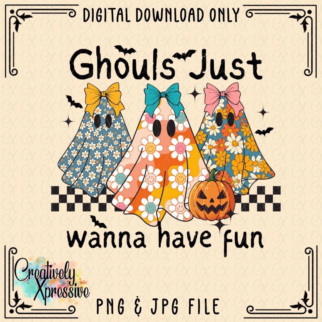 Ghouls Just Wanna Have Fun Png, Retro Flower Halloween Png, Cute Ghosts ...