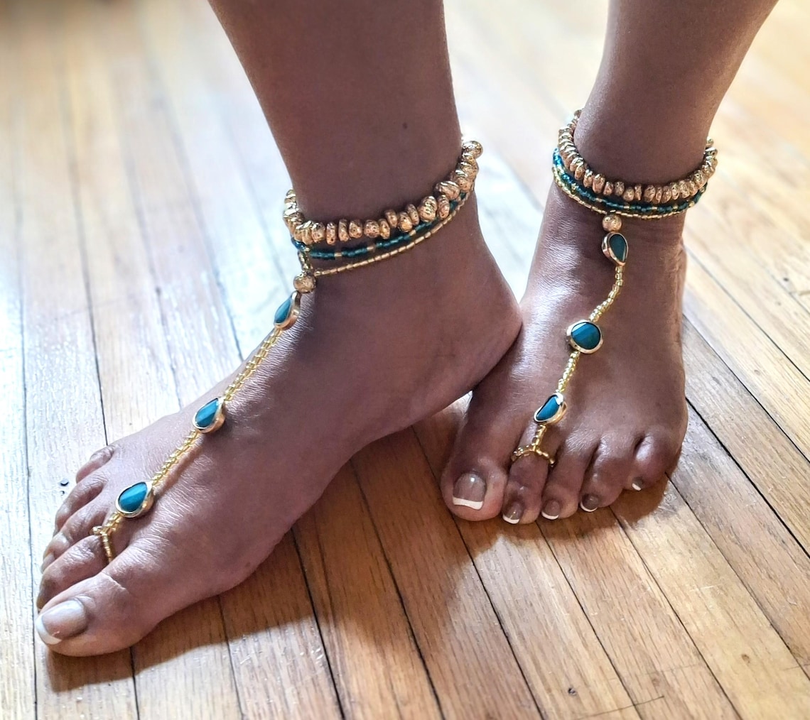 Boho Anklet Toe Ring Set: Teal Glass Seed Bead Foot Jewelry - Etsy