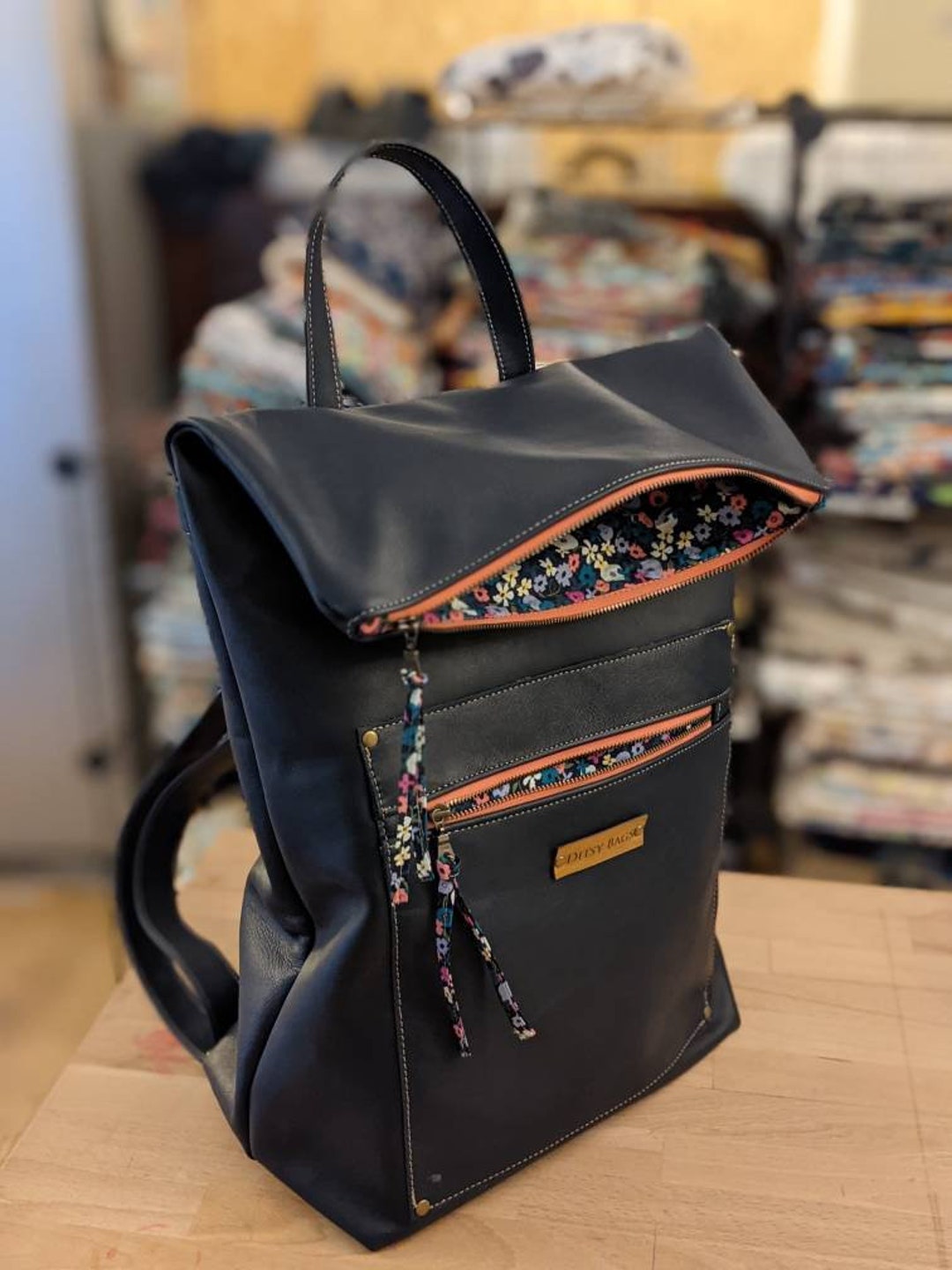 Leather Backpack, Leather Rucksack, Navy Leather, Leather Folded Bag ...