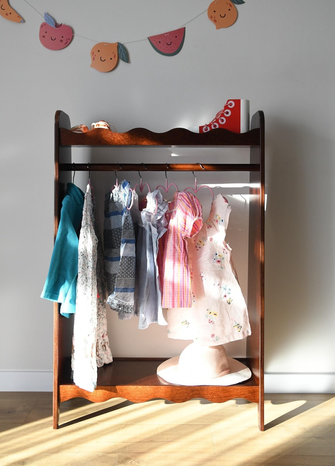 A Montessori Wardrobe, Dark Brown Scalloped Clothing Rack for Toddlers ...