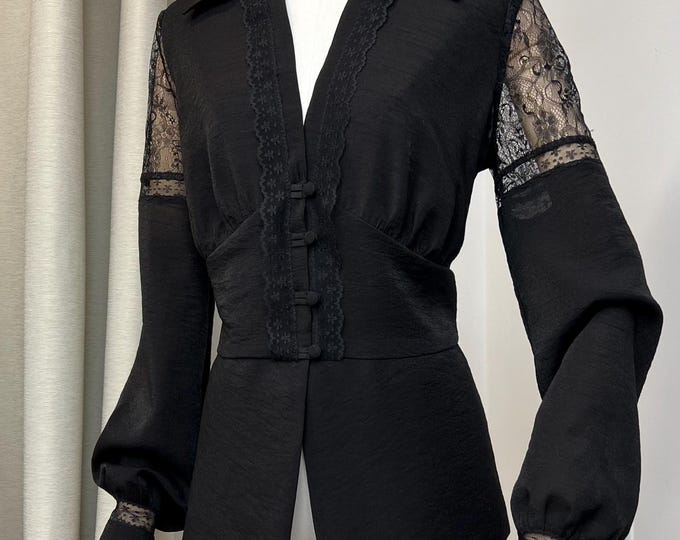 Black Gothic Blouse, Victorian Blouse, Lace Trim Blouse, Corset Lacing ...