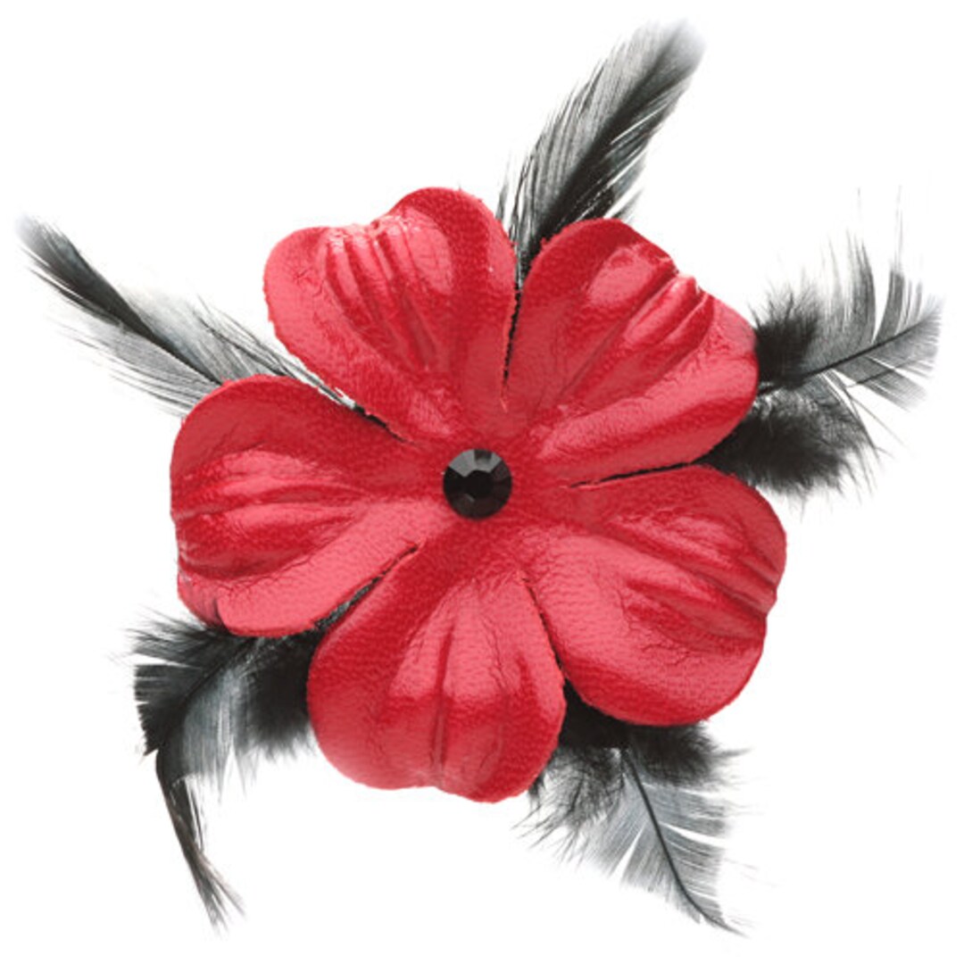 Leather Flower Hair Clip: Red Feather Pin, Swarovski Crystal Center - Etsy