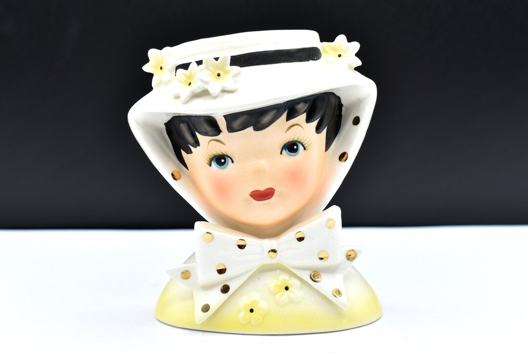 Vintage Relpo 4-3/4” Girl Head Vase / Hat With Polka-dotted Bow Tied ...
