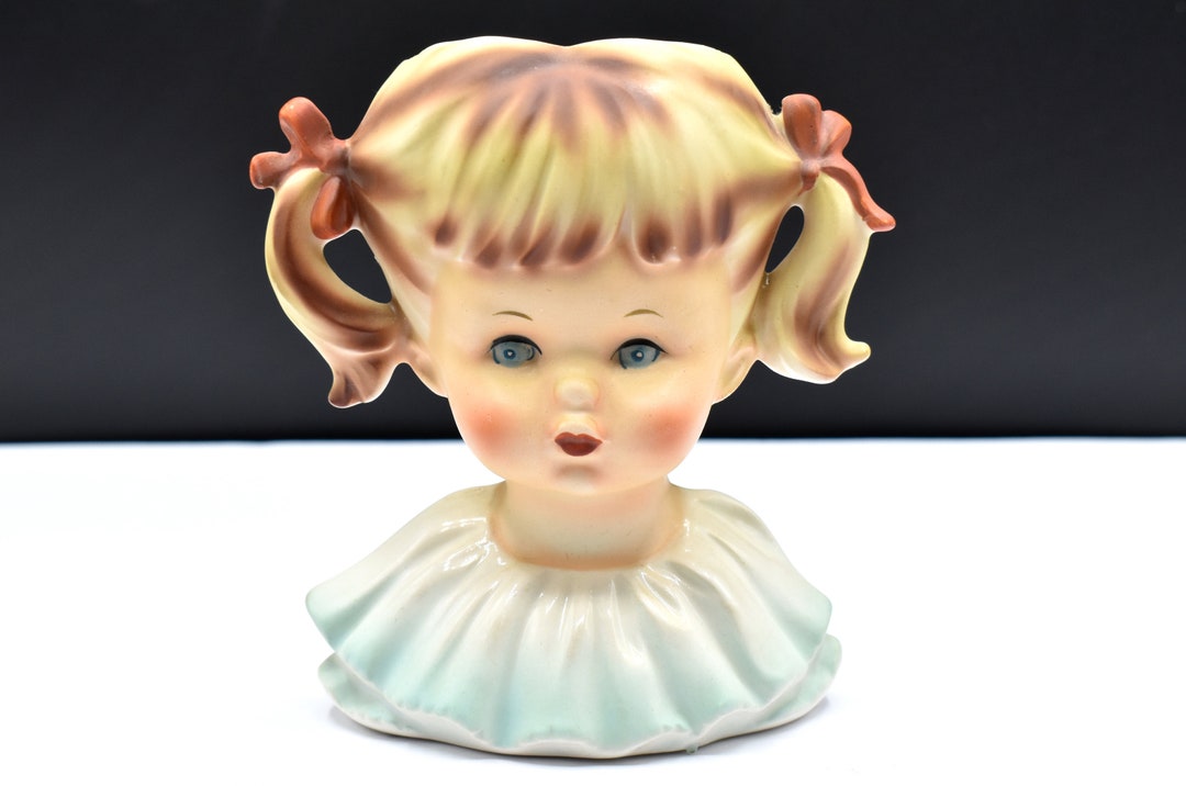 Vintage Brinn’s 5-1/2” Little Girl Head Vase / Open Eyes / Pigtails ...