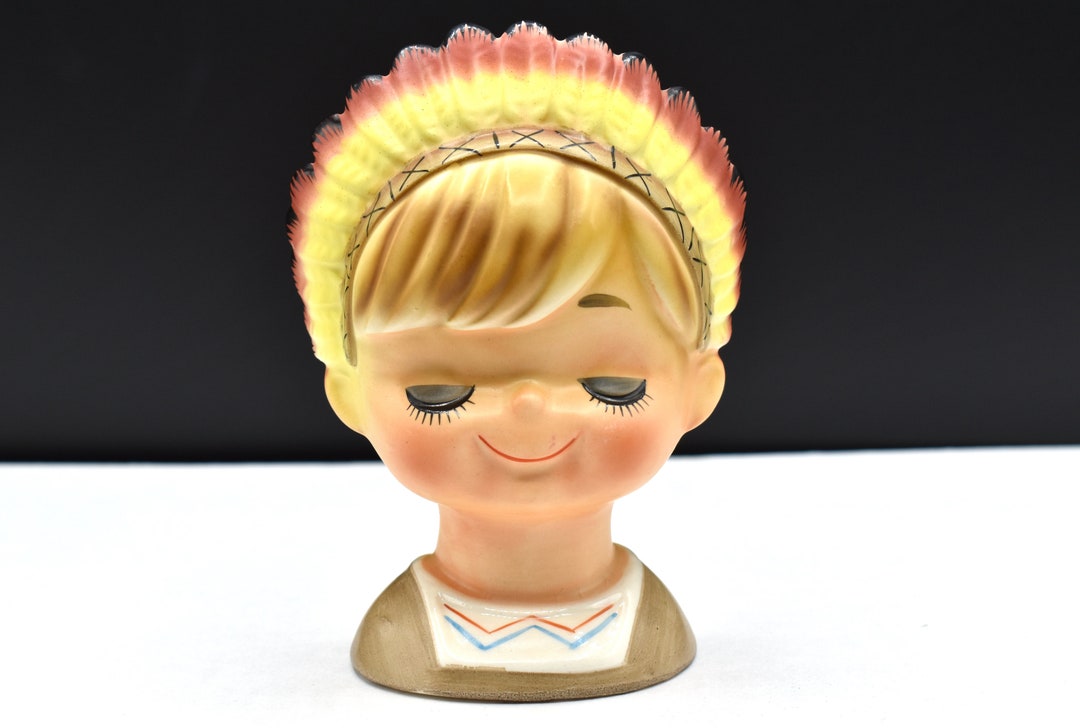 Vintage 5-1/2” Inarco Head Vase/ Boy Dressed up in Native American Outfit/ Blonde Hair / Closed ...