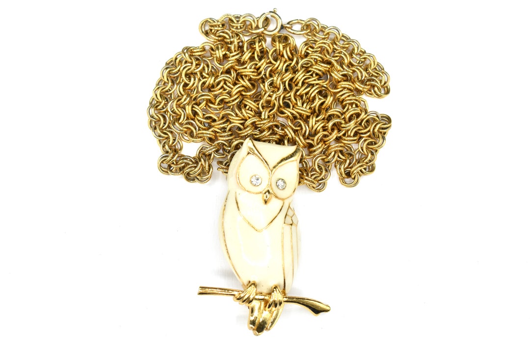 Vintage Cream Colored Hoot Owl With Rhinestone Eyes Brooch Pin-pendant ...