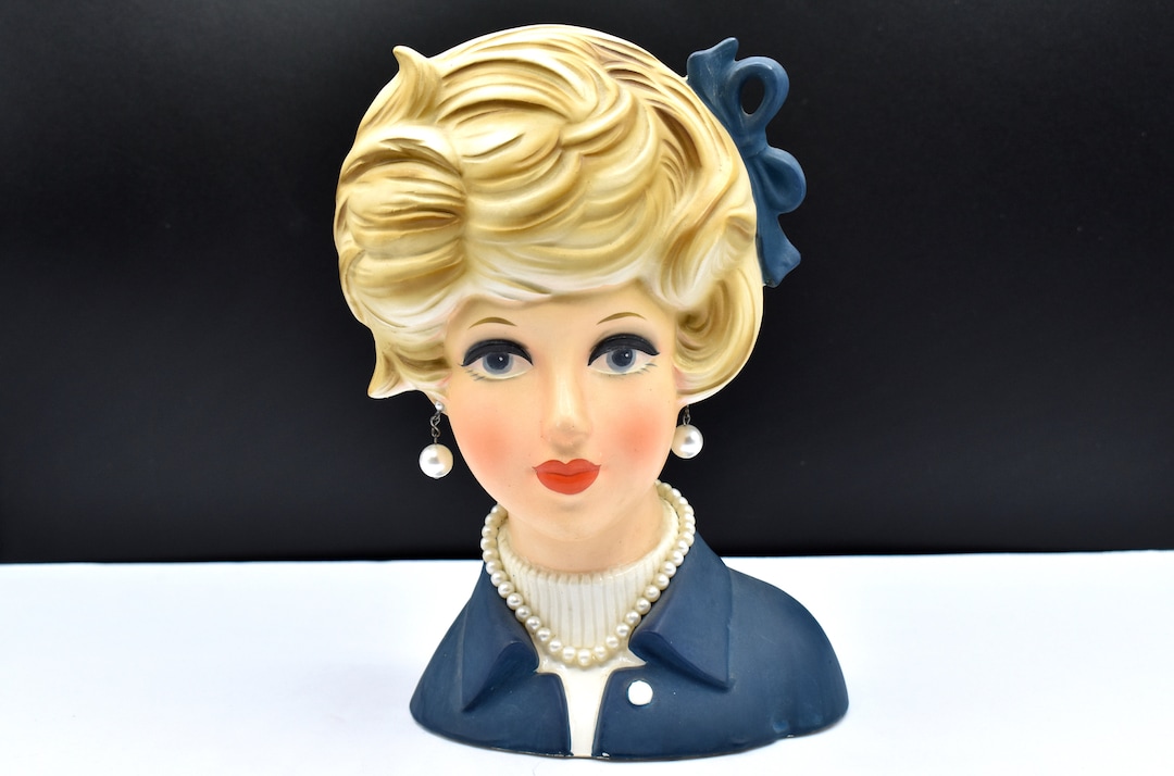 Vintage 8-1/2” Napco Lady Head Vase / Big Hair With Matte Blue Bow ...