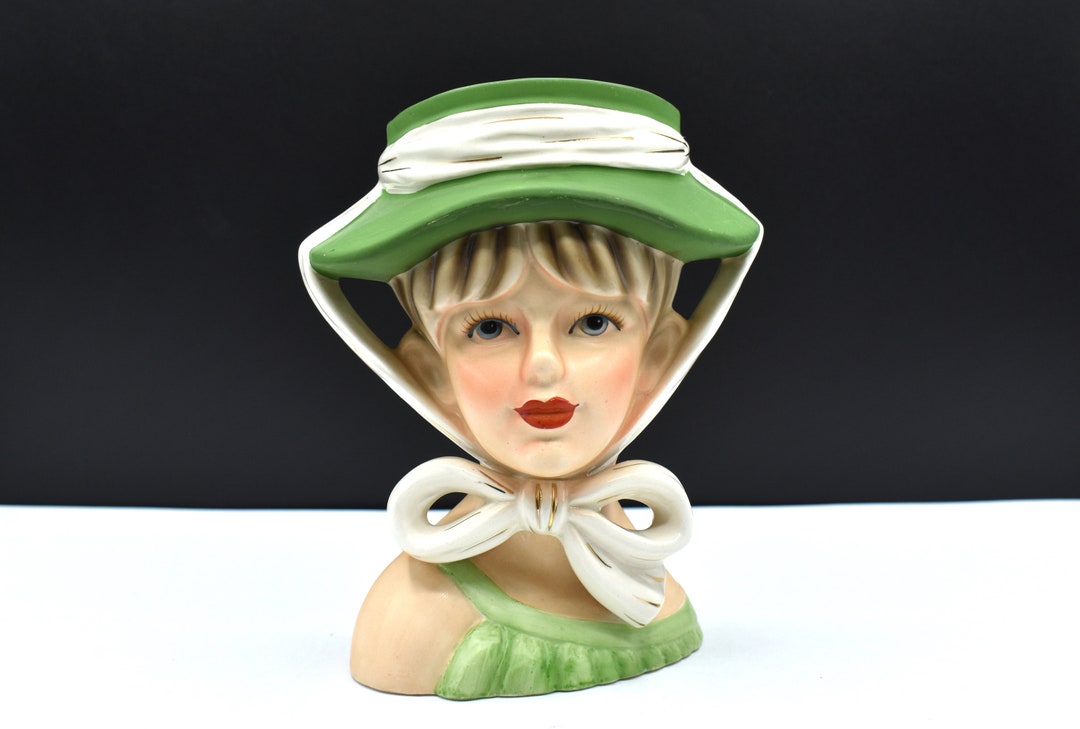 Vintage 7” Relpo Lady Head Vase / Open Eyes / Wears Green Hat With ...