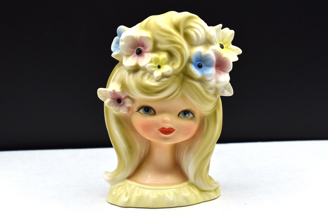 Vintage Inarco Young Girl Head Vase / Open Eyes / Long Blonde Hair / Pink-blue-yellow Flowers in ...