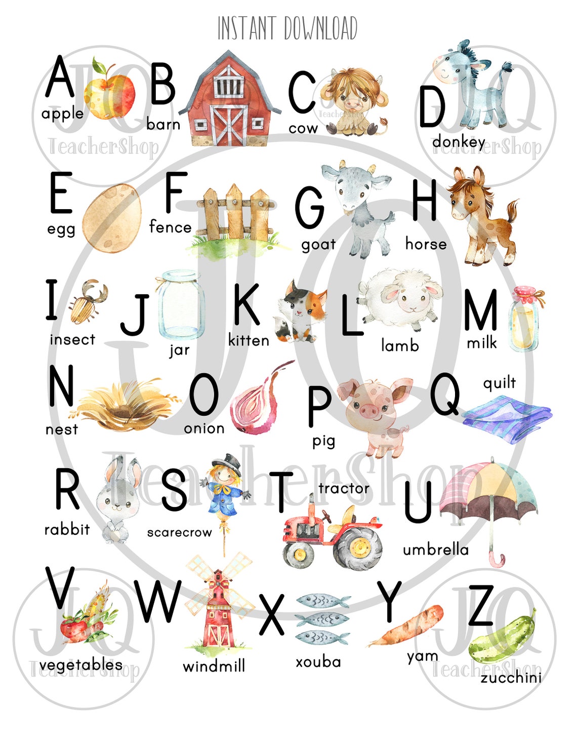 Printable Alphabet Poster Farm Theme Alphabet Homeschool - Etsy