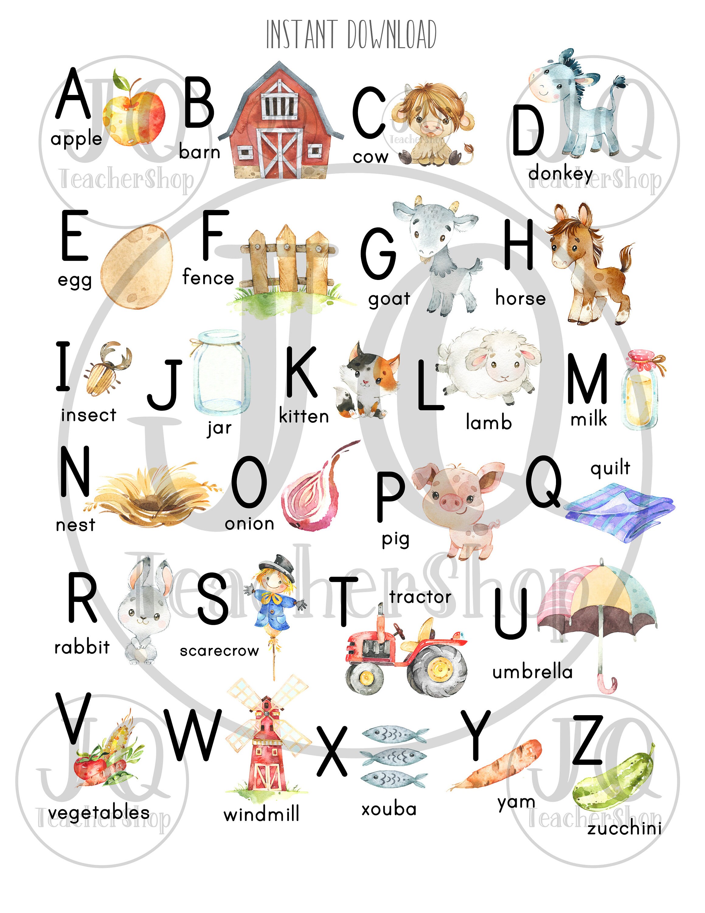 Printable Alphabet Poster Farm Theme Alphabet Homeschool - Etsy Canada
