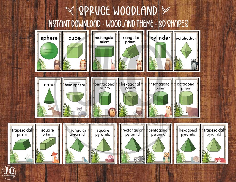 Printable 3d Shapes Cards, Woodland Theme Classroom Decor, Homeschool ...