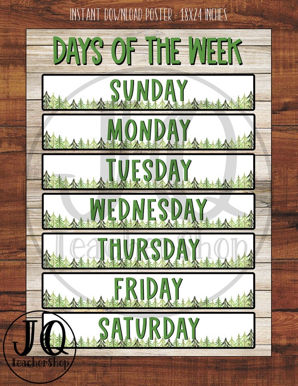 Printable Classroom Poster, Days of the Week, Woodland Theme Classroom ...