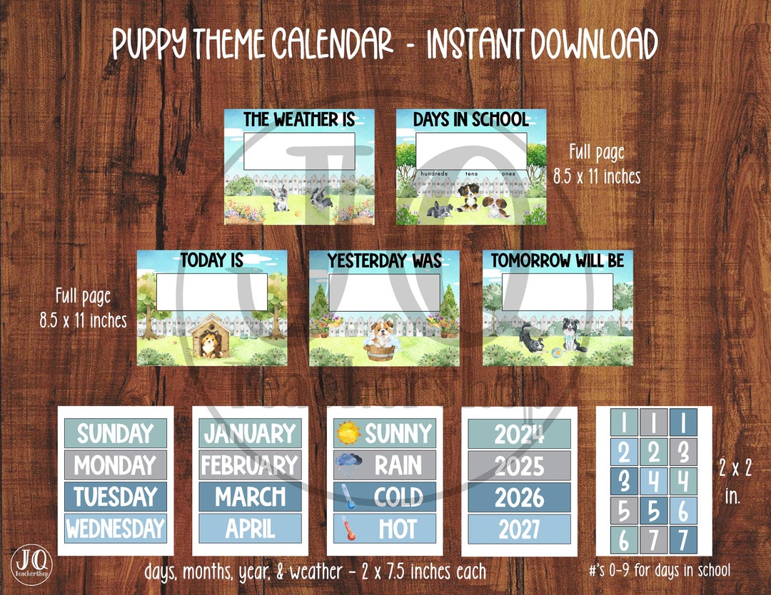 Printable Classroom Calendar, Puppy Theme Classroom Wall Calendar Set ...