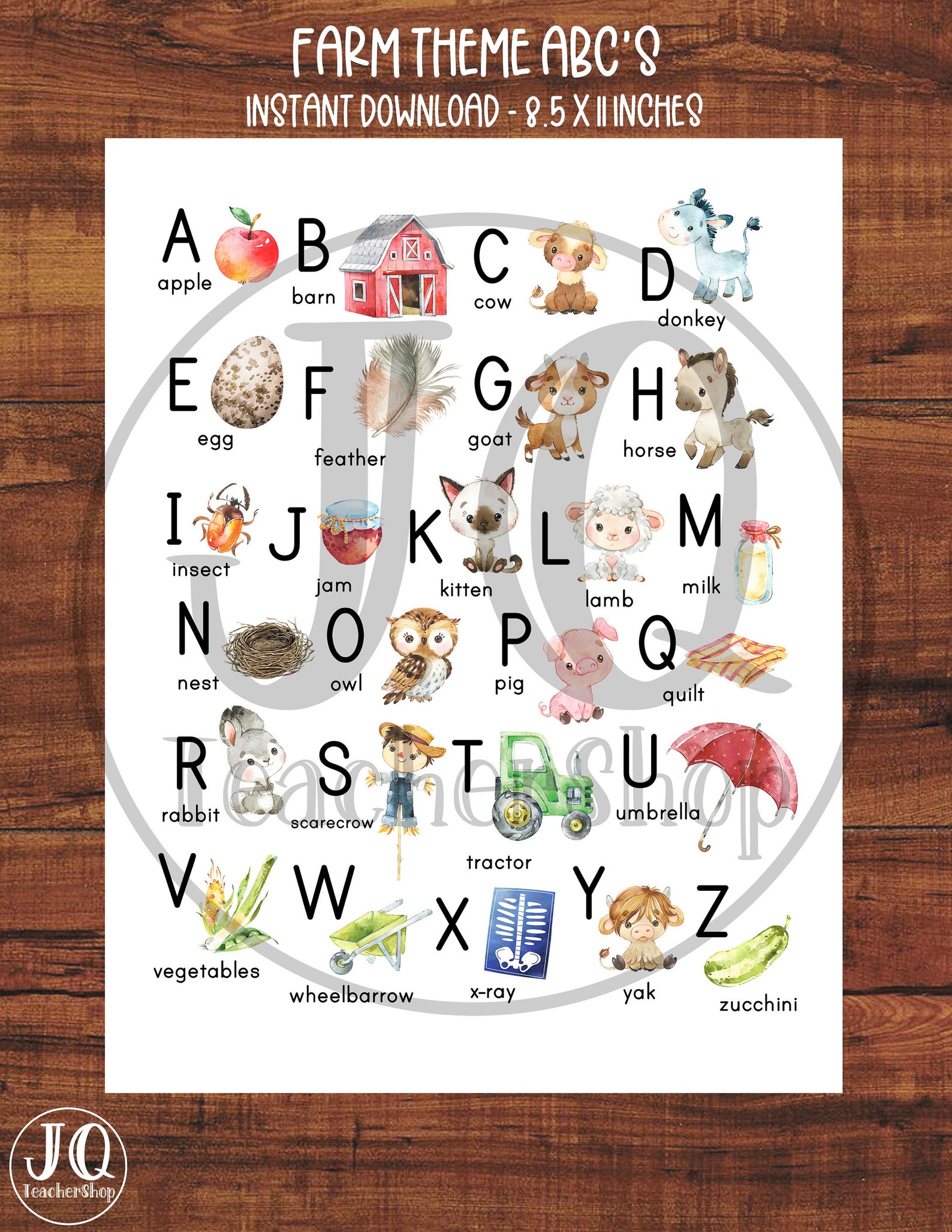 Printable Alphabet Poster, Farm Theme Alphabet, Homeschool Decoration ...