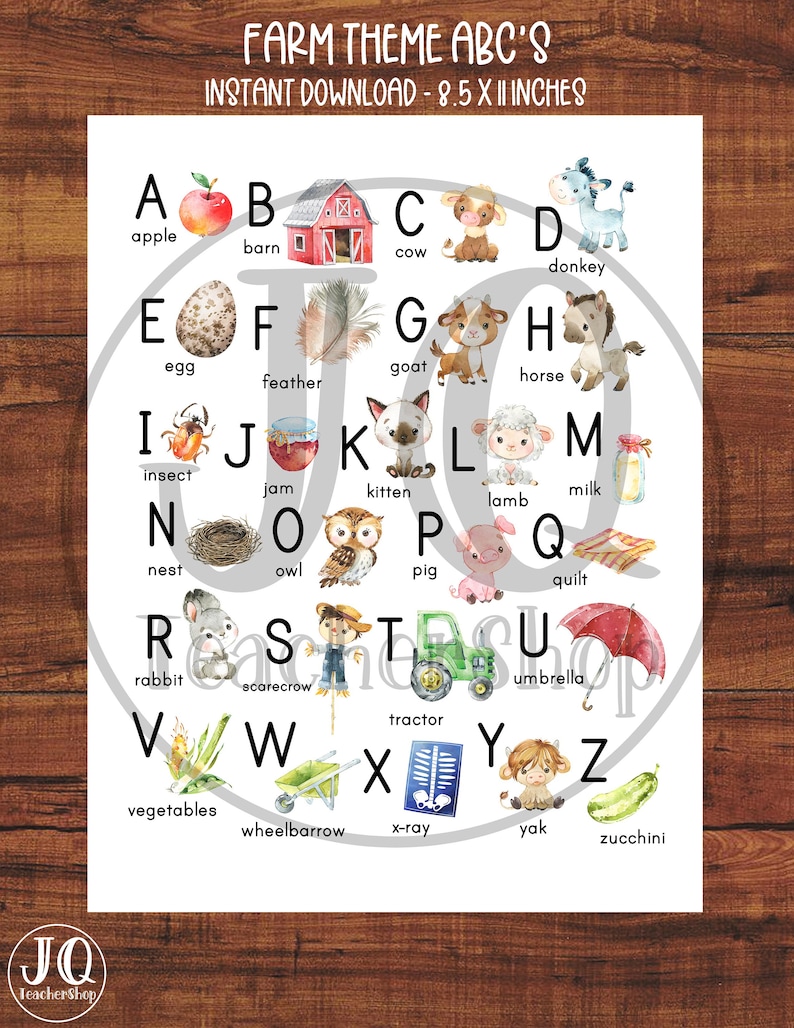 Printable Alphabet Poster, Farm Theme Alphabet, Homeschool Decoration ...