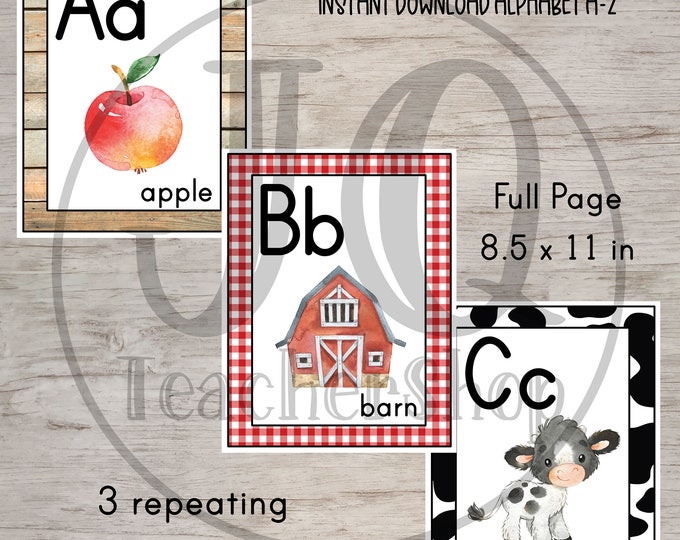 Printable Farm Theme Alphabet, Classroom Decor, Full Page Alphabet ...
