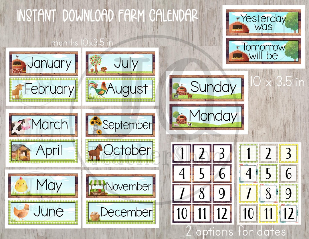 Printable Farm Theme Classroom Wall Calendar Set Classroom - Etsy Singapore