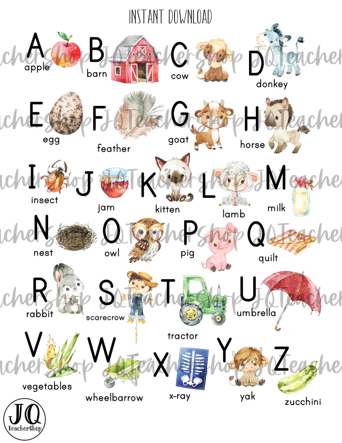 Printable Alphabet Poster, Farm Theme Alphabet, Homeschool Decoration ...