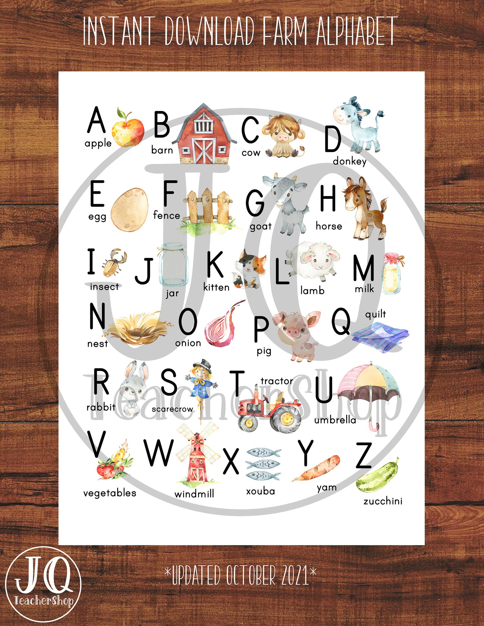 Printable Alphabet Poster Farm Theme Alphabet Homeschool - Etsy