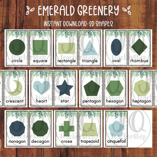 Printable 2d Shape Cards Greenery Theme Classroom - Etsy