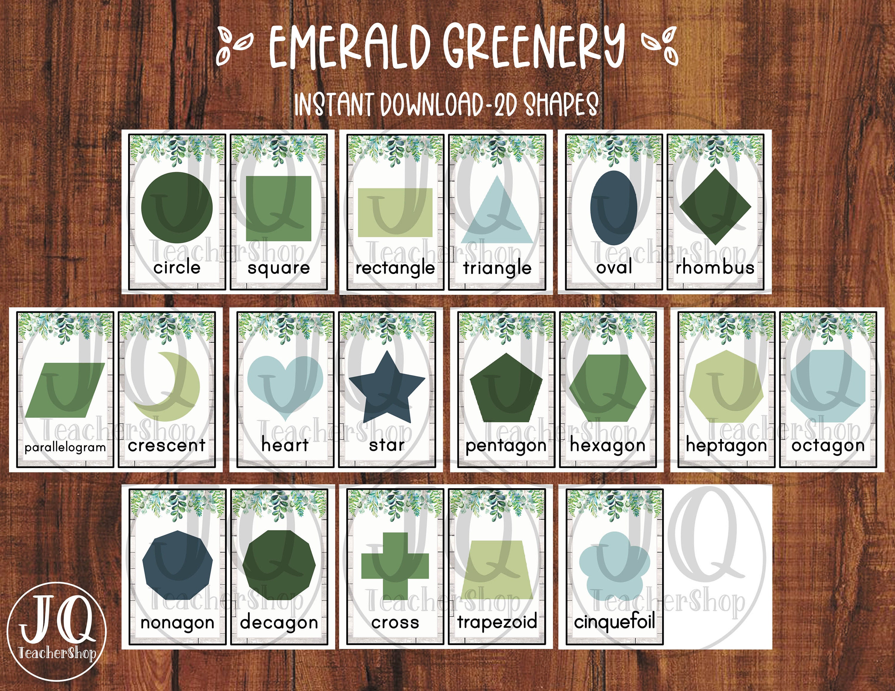Printable 2d Shape Cards Greenery Theme Classroom - Etsy