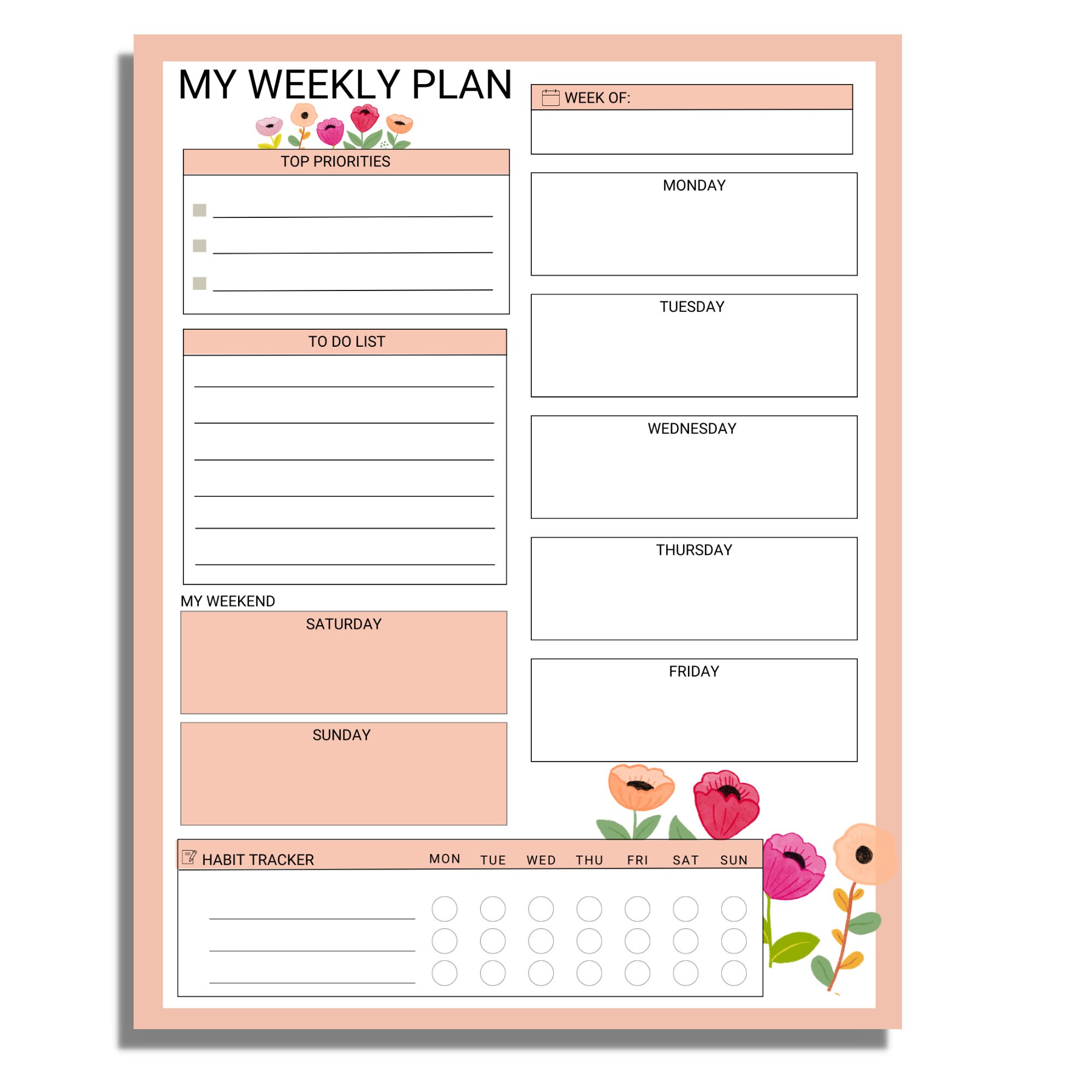 Floral Theme Weekly Schedule Weekly Planner Printable Week - Etsy