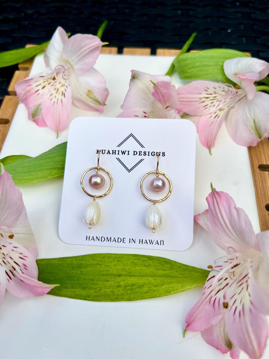 FLAWED Edison Pearl, Pikake, and Gold Hoops White or Pink Pearls Mother ...