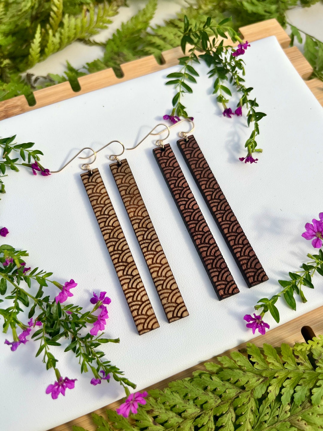 XL Wood Earrings With Wave Design Birch or Mahogany Hawaiian Earrings ...